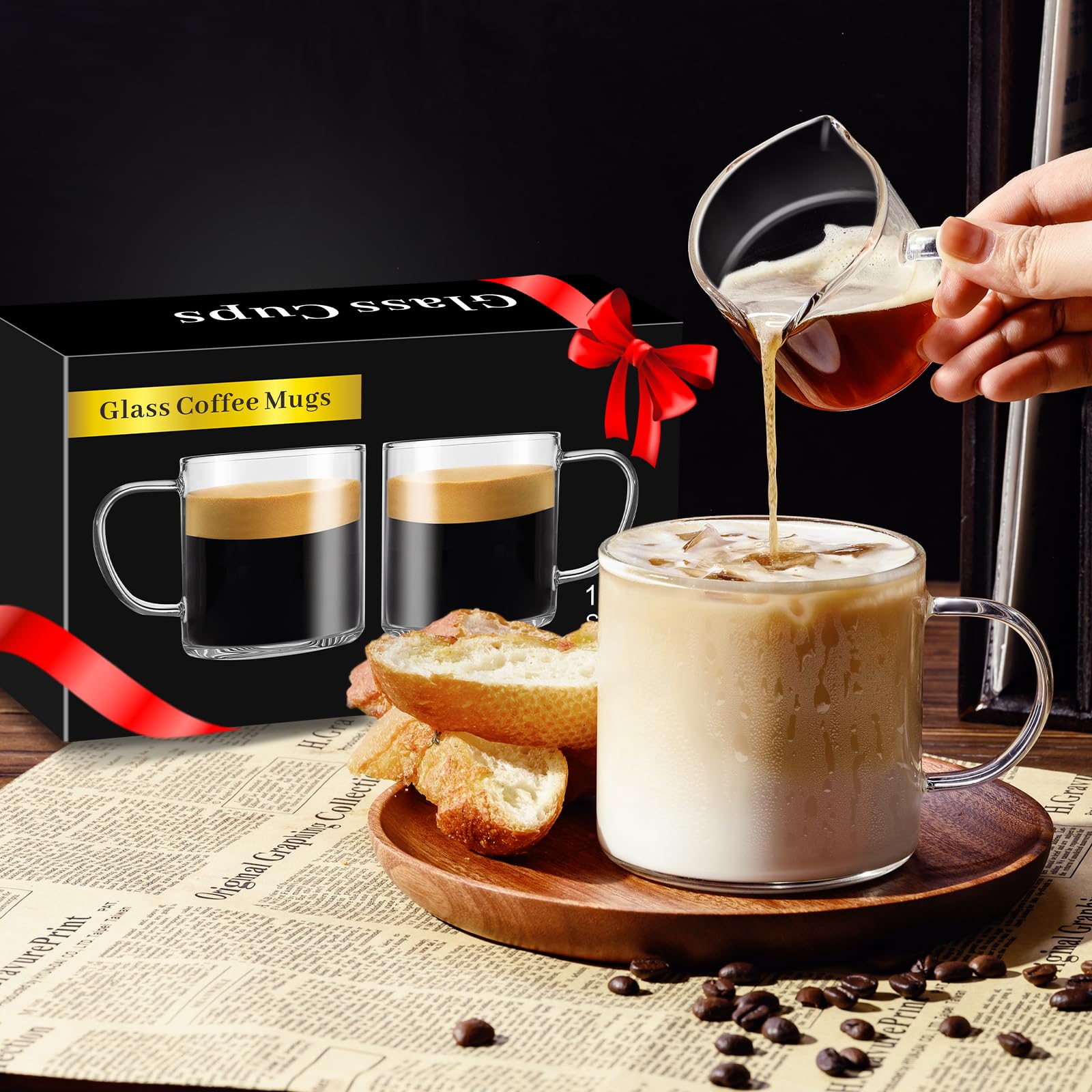 PARACITY Clear Coffee mug 14oz, Glass Coffee Mugs Set of 2, Large Glass Coffee Cups with Handle, Glass Tea cups for Hot/Cold Drink, Latte, Cappuccino, Tea, Juice and Beer