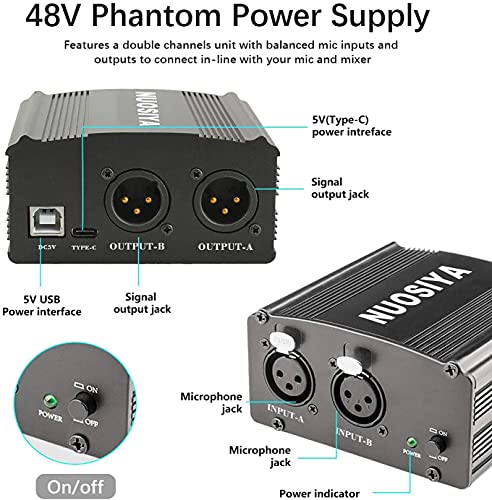 Phantom Power Supply, NUOSIYA 2-Channel 48V Phantom Power Supply, Stable Power Supply, Improved Shielding Technology, Anti-Noise for Any Condenser Microphone Music Recording Equipment