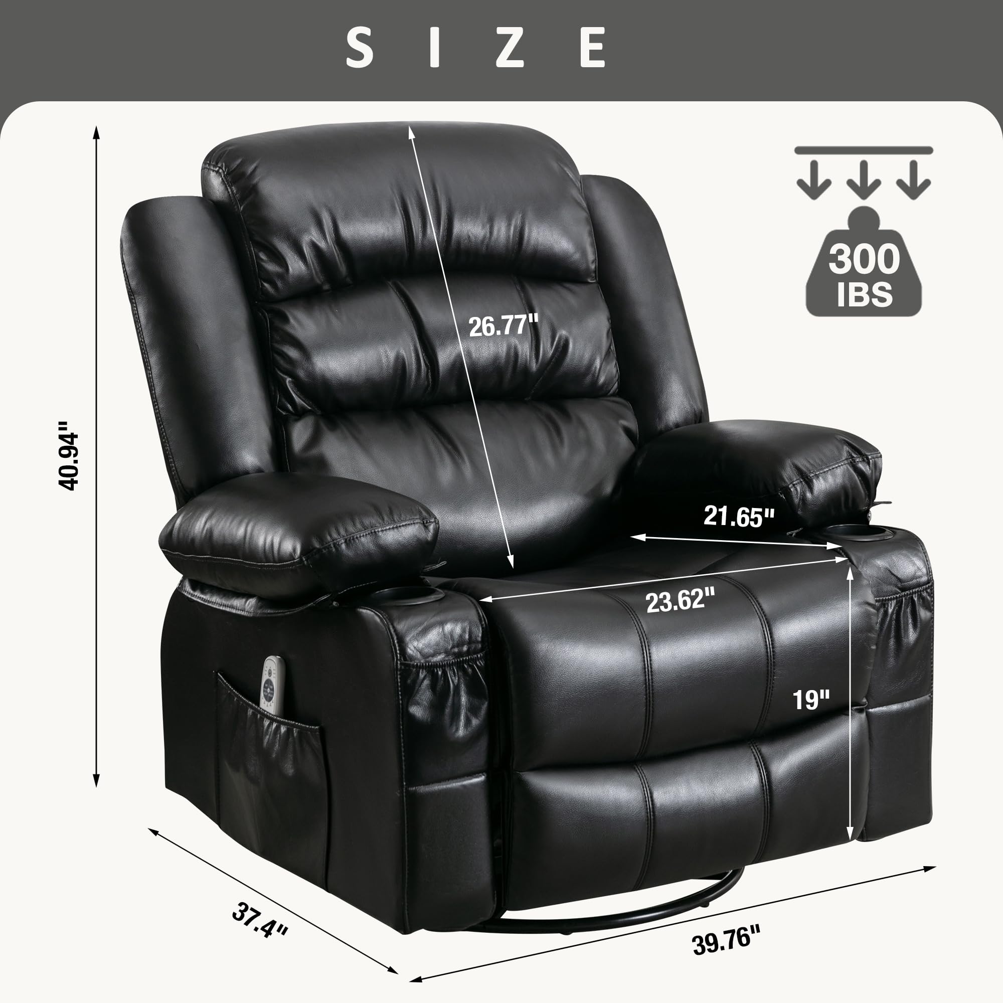 Massage Swivel Rocker Recliner Chair with Vibration Massage and Heat Ergonomic Lounge Chair for Living Room with Rocking Function and Side Pocket 2 Cup Holders USB Charge Port (Black)