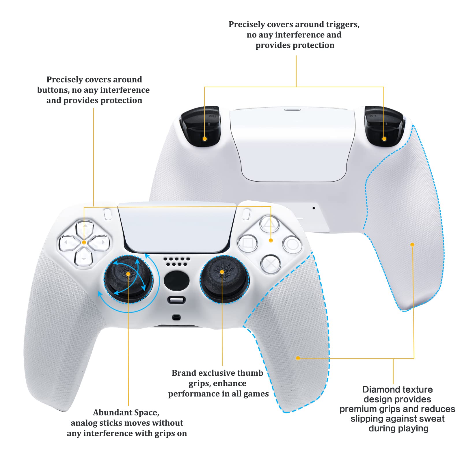 Pandaren Grip Texture Silicone Skin for PS5 Dualsense Controller x 1 white with Pro Thumb Grips x 8