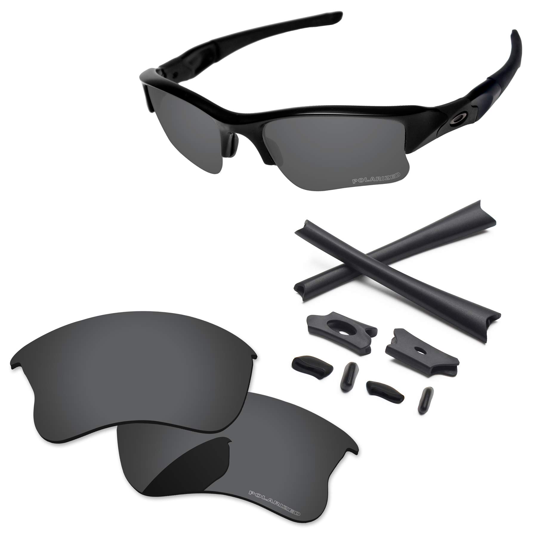 PapaViva Replacement Lenses & Rubber Kits for Oakley Flak Jacket XLJ OO9009 Sunglass Solid Black Polarized