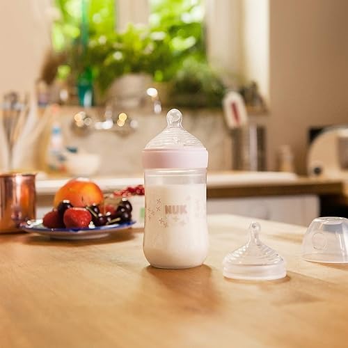NUK Nature Sense Plastic Bottle 260ml with Silicone Medium Feed Hole Teat (6-18 Months) Pink