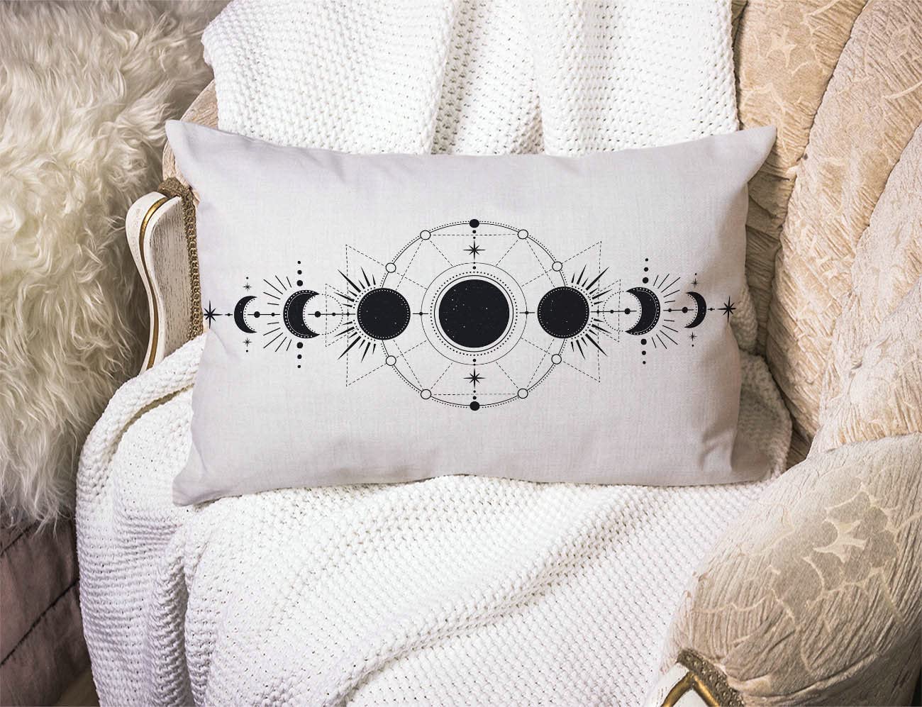 Moon phases Pillow Cover 12" x 20" Lumbar Pillow Covers Home Decorative Cotton Linen Cushion Case for Sofa Couch Housewarming Family Room Décor