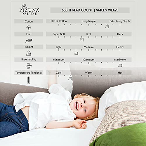 Pizuna Pure 100% Cotton Sheets Queen Size, 600 Thread Count Long Staple Cotton Crisp Sateen Sheets Queen with 15" Deep Pocket (Combed Denim Blue Cotton Sheets Queen)
