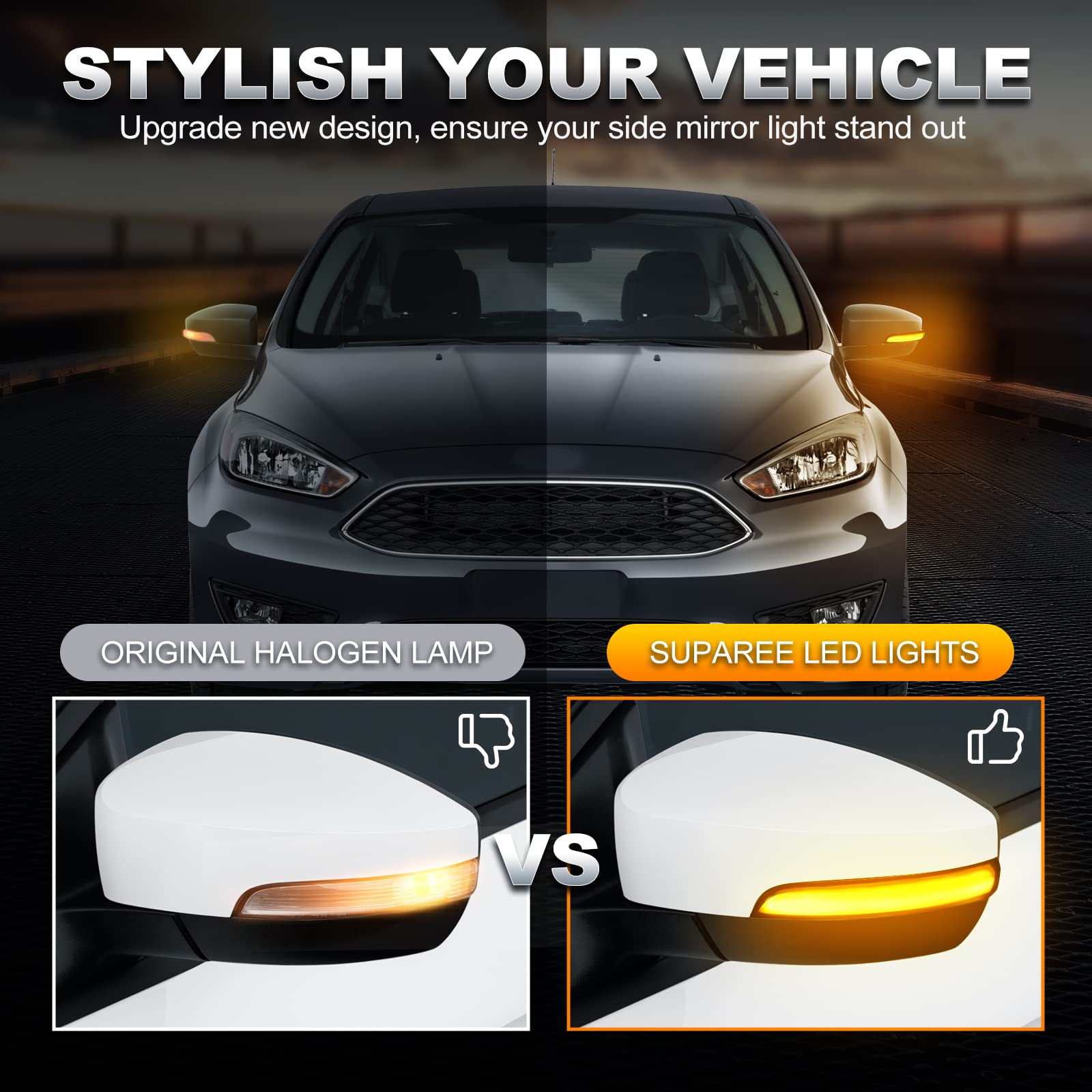 SUPAREE LED Turn Signal Light Side Mirror Marker Light Dynamic Sequential Side Mirror Turn Signal Replacement for 2012-2018 Ford Focus 3 MK3 SE ST RS, 2013-2018 Escape/Kuga Ecosport, 2013-2017 C-Max