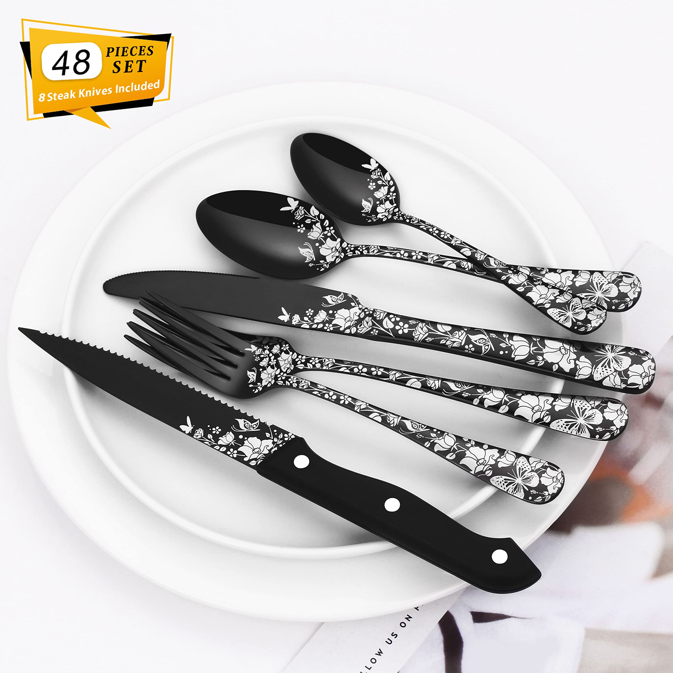Stapava 48-Piece Black Silverware Set with Steak Knives for 8, Stainless Steel Flatware Set, Mirror Polished Cutlery Utensils Set, Include Knives Forks Spoons Set, Dishwasher Safe