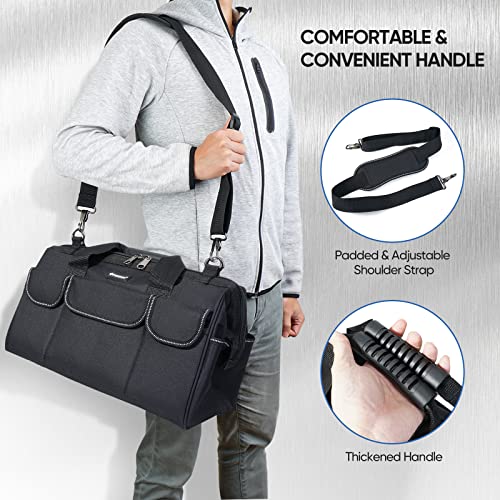 TICONN 16in Tool Bag with Waterproof Molded Bottom, Multi-Pockets Wide Mouth Tool Tote with Safety Reflective Straps, Adjustable Shoulder Strap