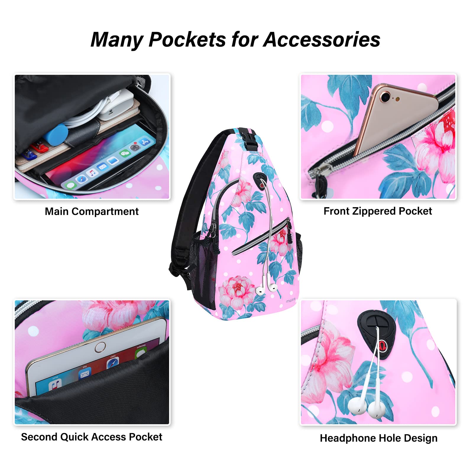 MOSISO Sling Backpack, Multipurpose Travel Hiking Daypack Impatiens Rope Crossbody Shoulder Bag, Pink