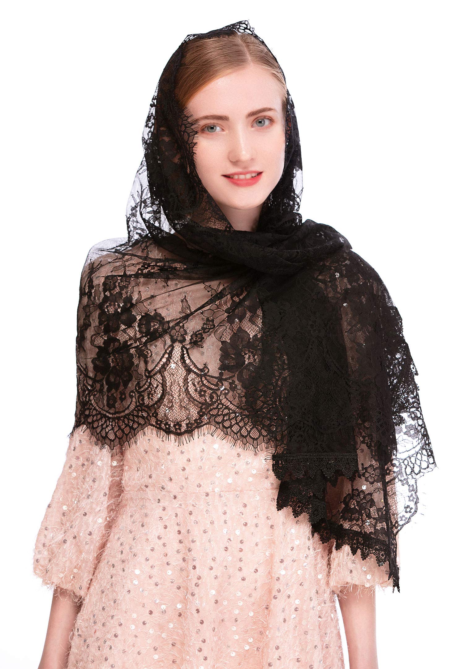 PAMOR Rectangular Chapel Veil Spanish Lace Floral Mantilla Veils Wrap Shawl Mass Head Covering (Black)