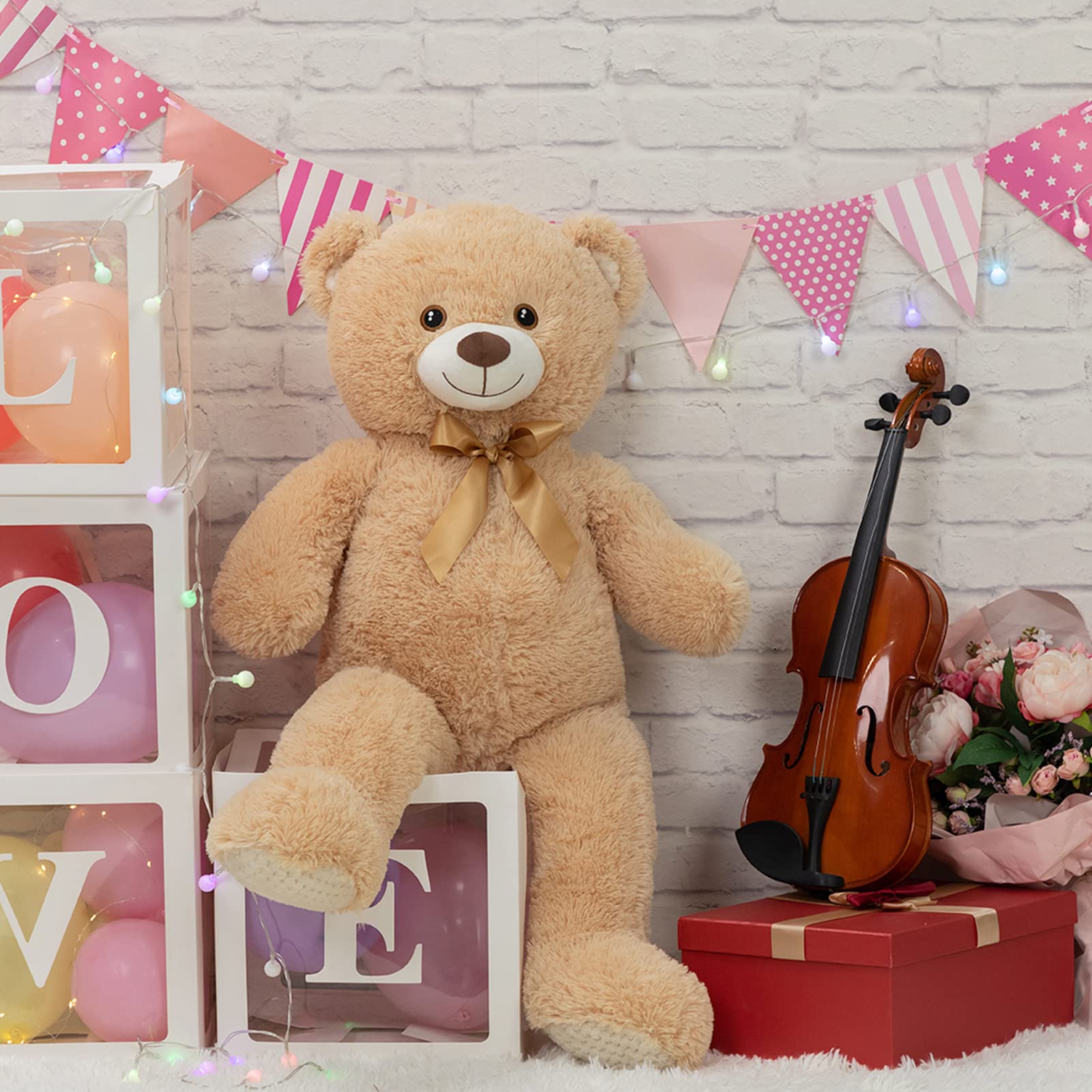 WENMOTDY Giant Teddy Bear Stuffed Animal Huge Teddy Bear Plush with Ribbon Cuddly Toy Gift for Kids Girlfriend, Tan, 39ββ