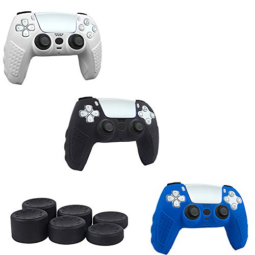 PS5 PlayStation 5 DualSense Wireless Controller Silicone, Non-Slip, Sweat-Proof Skin Covers, Pack of 3 colors (Black, Blue & White), plus 6 Analog Grips in three different sizes