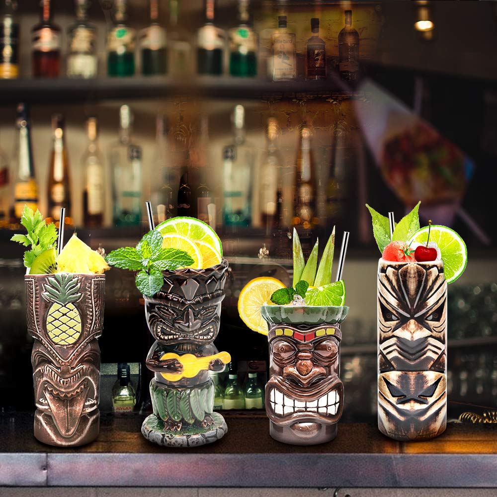 SuproBarware Tiki Mugs Set of 4– Ceramic Hawaiian Party Mugs Large Drinkware, Tiki Bar Mugs for Cocktails, Tropical Cups Drinks for Exotic Party - TJB02 (4pcs)