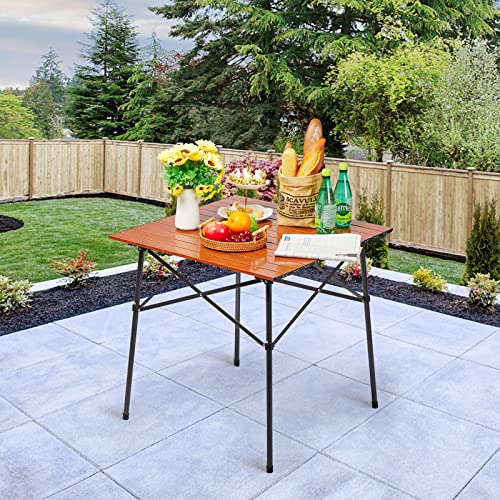 PORTAL Lightweight Aluminum Folding Square Table Roll Up Top 4 People Compact Table with Carry Bag for Camping, Picnic, Backyards, BBQ, Brown