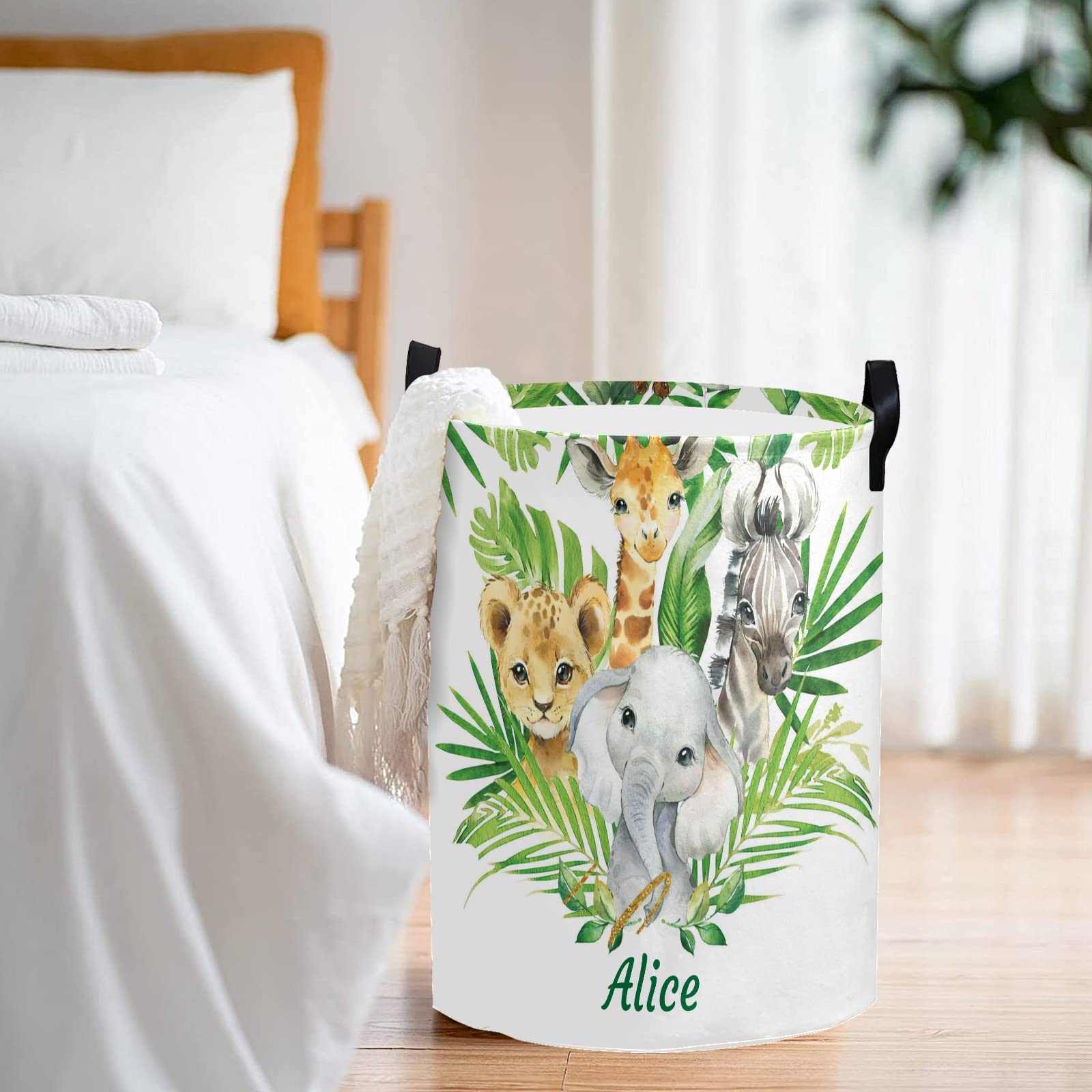 zaaprintblanket Personalized Laundry Basket Name Foldable Organizer Laundry Hamper with Handle Gift Baskets for Bathroom Bedroom Living Room(Giraffe Lion Elephant Green Leaves)