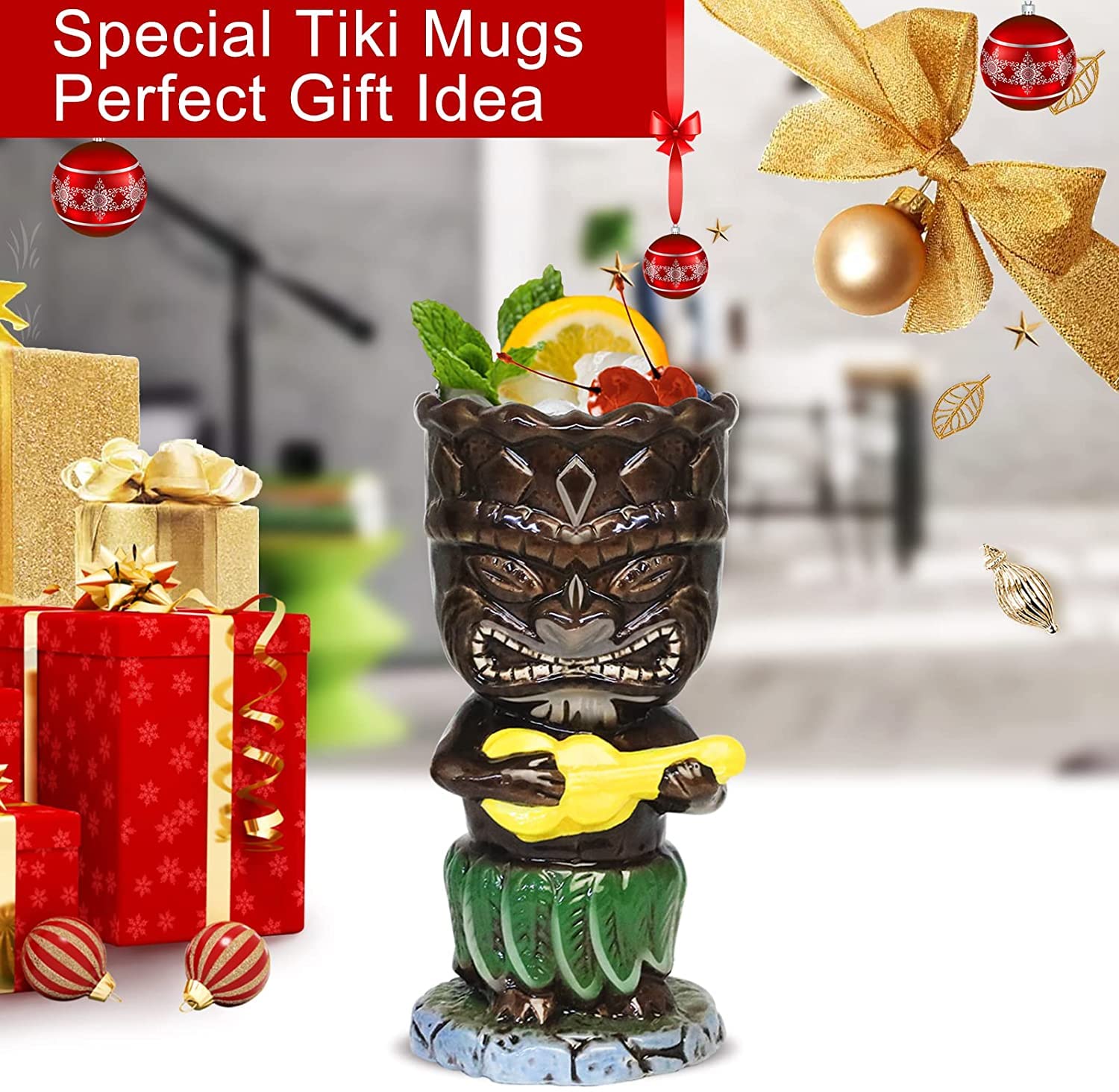 SuproBarware Tiki Mugs, 300ml Cocktail Glasses Set Colourful Ceramic Cocktail Cups Hawaiian Party Decoration for Exotic Party