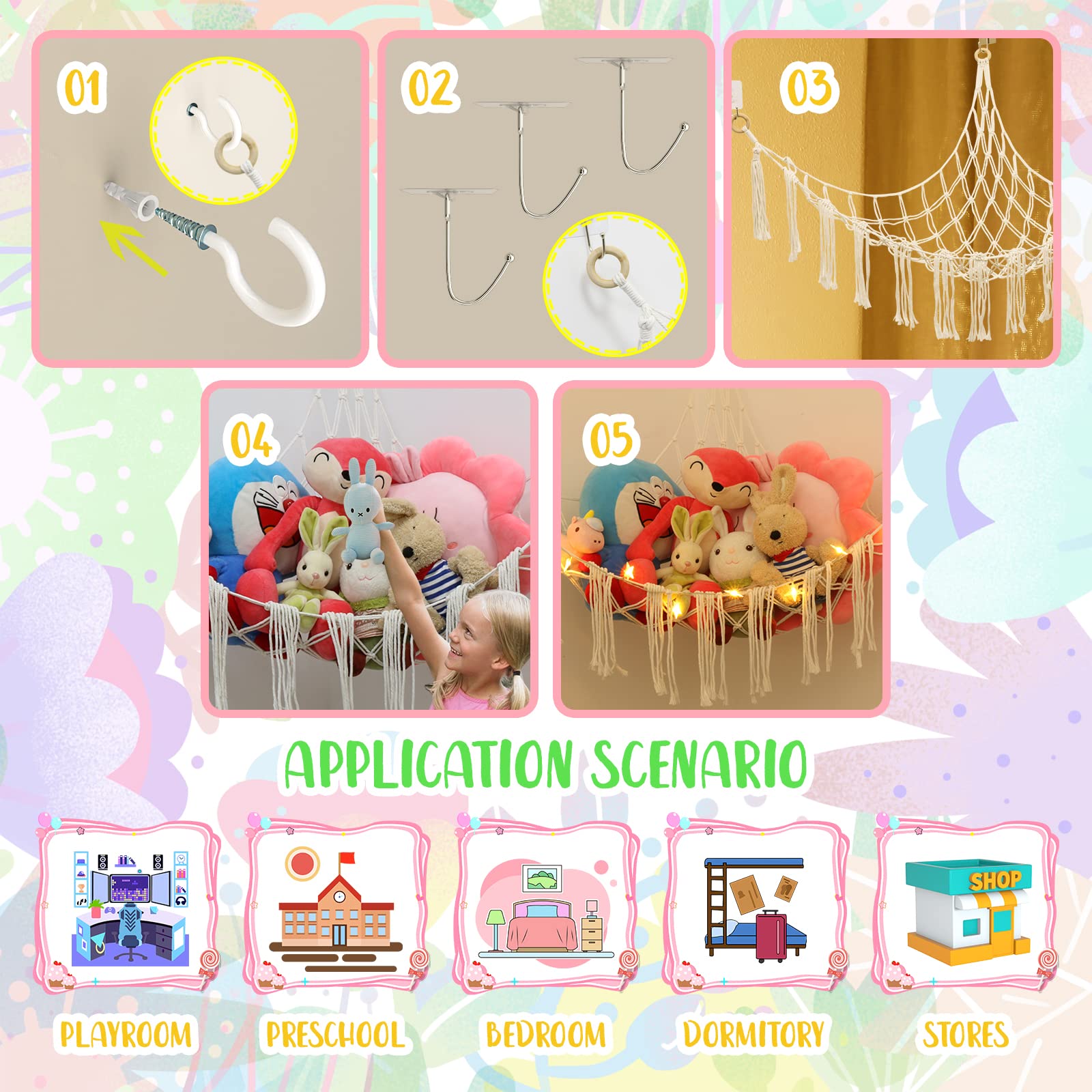 Stuffed Animal Hammock with LED Light, PChero Boho Macrame Stuff Animals Hanging Net Holder with Hooks, Plush Toy Storage Organizer for Kids Room Bedroom Nursery Playroom Wall Corner Décor