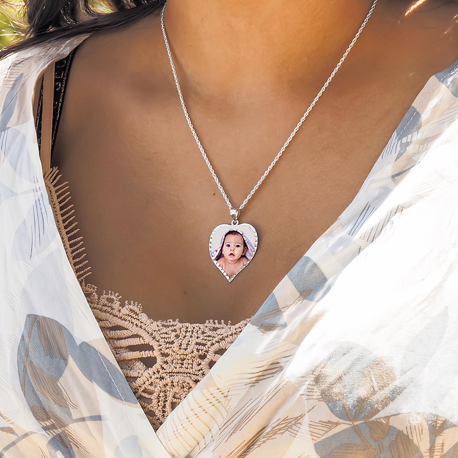 PicturesOnGold Personalized Photo Engraved Heart Shaped Picture Necklace with Diamond Cut Edge - 1 Inch x 1 Inch - 14k Yellow Gold w/Backside Engraving