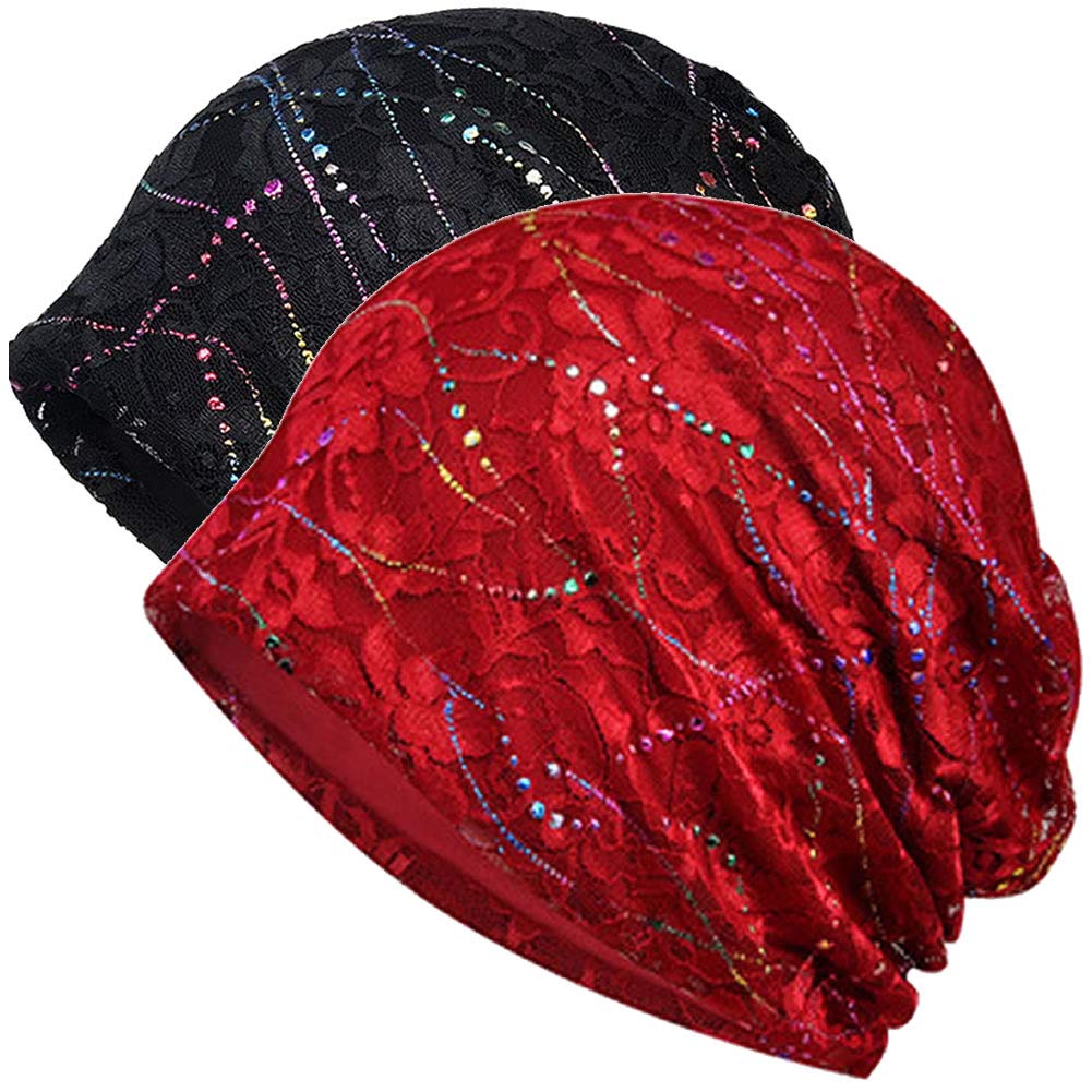 MuYiTai Women Cotton Beanie Chemo Caps for Cancer Patients Pack of 2 Black Beige