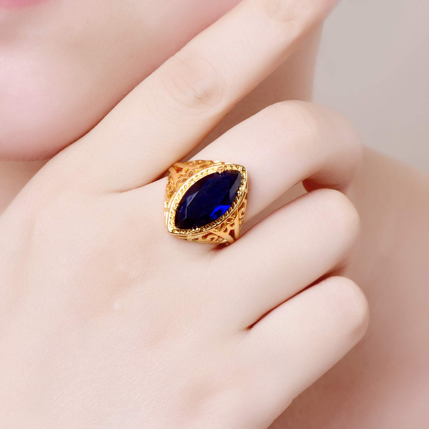 Psiroy Yellow Gold Plated Marquise Cut Simulated Blue Sapphire Quatrz Statement Ring for Women Size 7