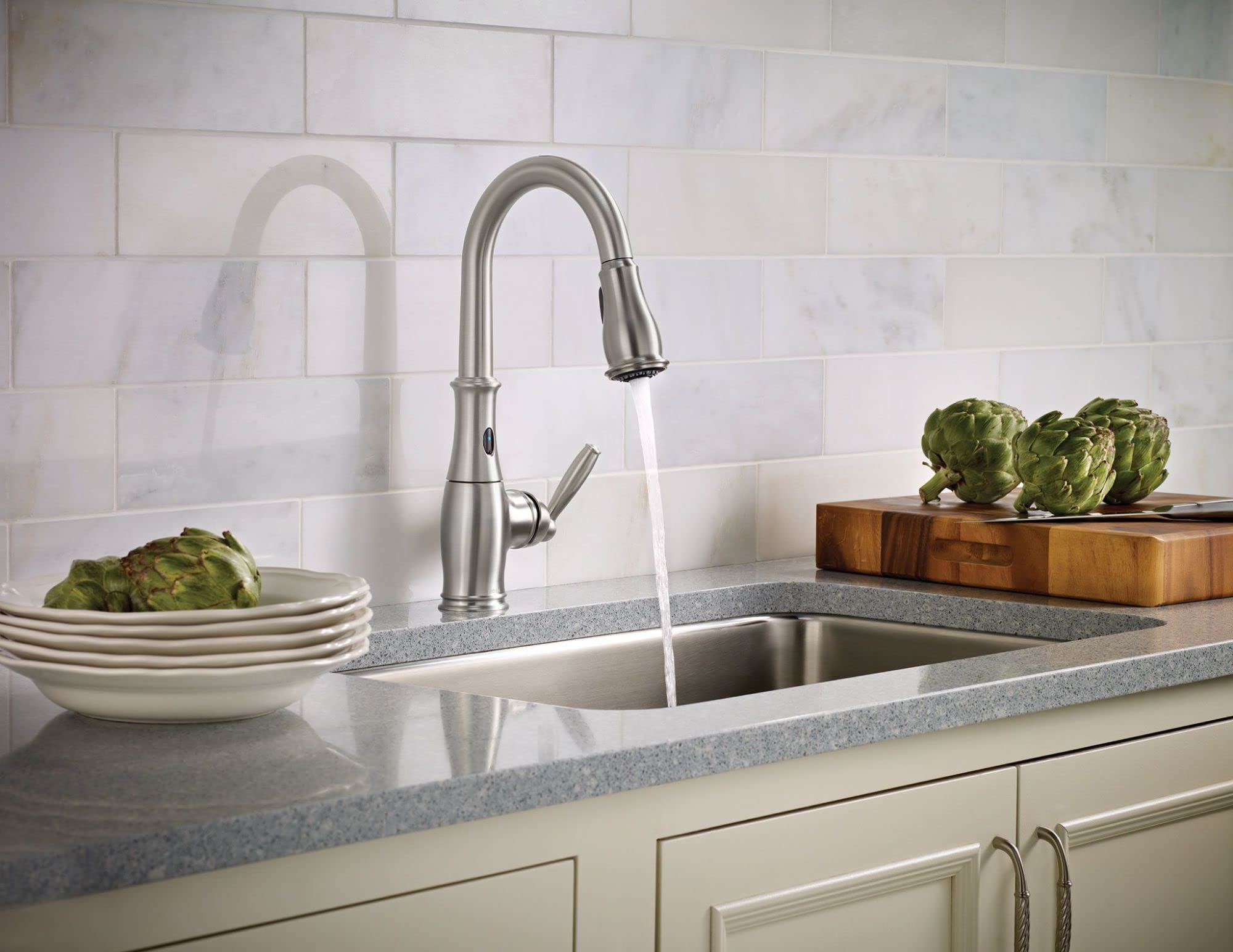 Moen Brantford Spot Resist Stainless Motionsense Two-Sensor Touchless One-Handle High Arc Pulldown Kitchen Faucet Featuring Reflex Docking System, 7185ESRS