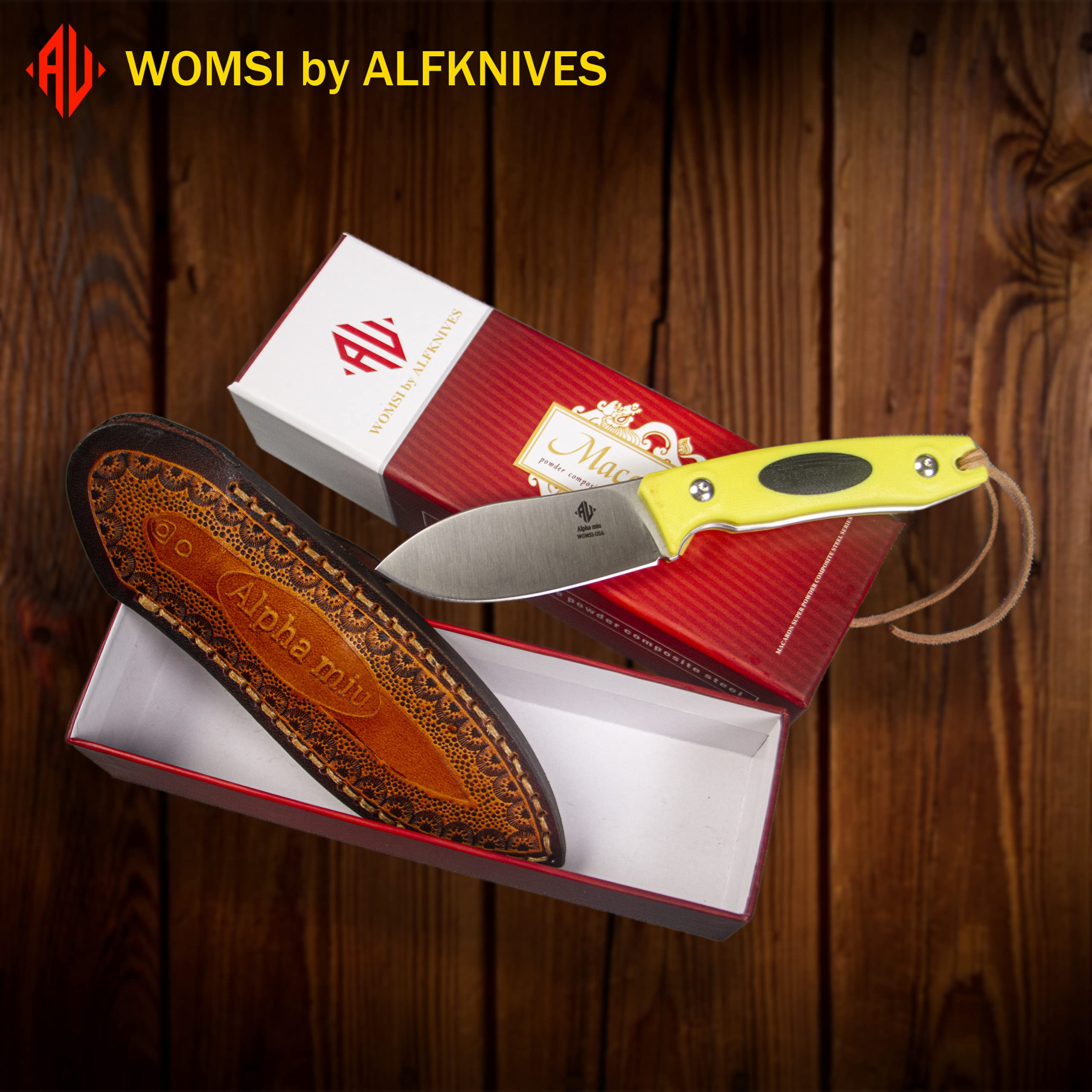 WOMSI Hunting Knife,Full Tang 6.57",DPS15-S Power Steel Blade,Sonorous&durable G10 Handle with Leather Sheath(Yellow)