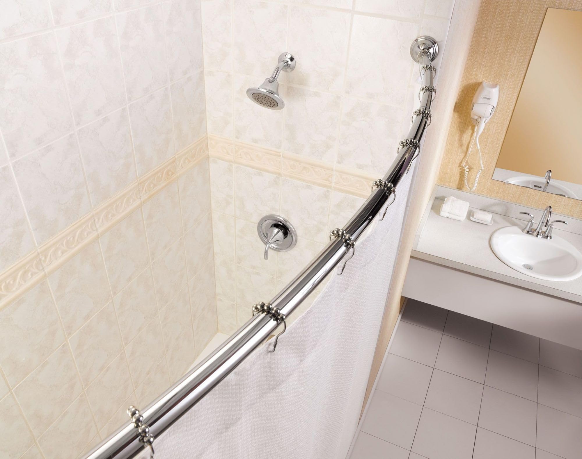 Moen Chrome 54-Inch to 72-Inch Adjustable Length Fixed Mount Single Curved Shower Curtain Rod for Bathroom, CSR2160CH