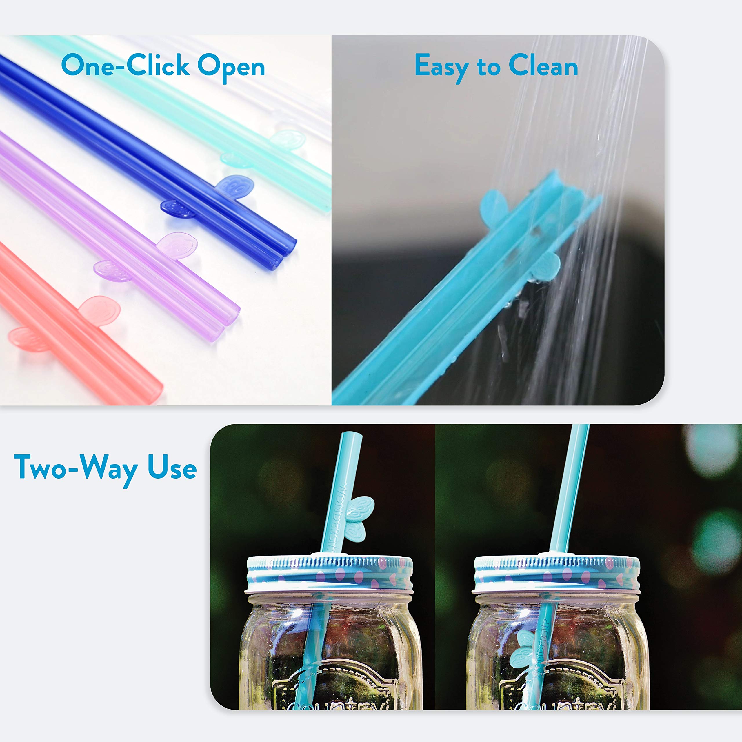 WonderSip One-Click Open Reusable Straw for Easy and Effective Cleaning, No Brush Needed! - Glow in The Dark - 4 Straw Pack with Pouch (Leaf Long 10.5")