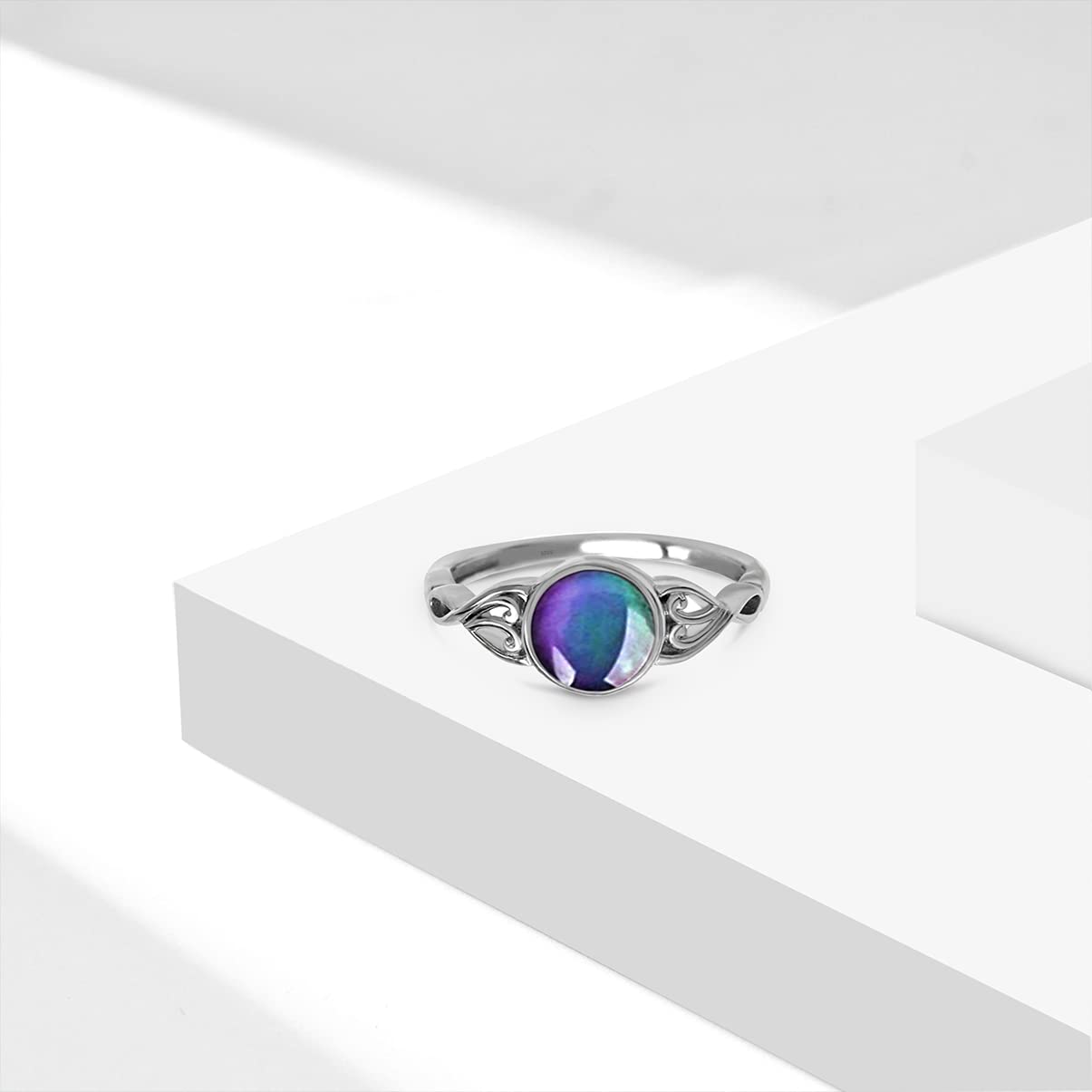 THJEW Round Shape Color Changing Mood Ring,S925 Sterling Silver Simulated Moon Stone Ring,Mystery Temperature-Control Changeable Ring, silver, crystal