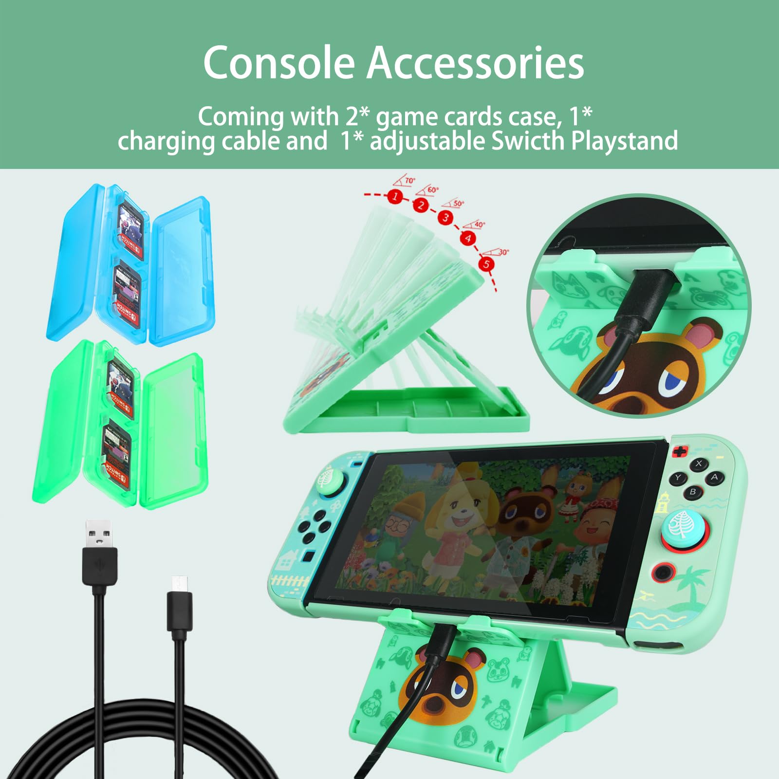 TIKOdirect Carrying Case for Switch, Cute Portable Travel Bag Accessories with Protective Case, Screen Protectors, Stand, Game Card Case and Thumb Grip caps[Keychain Gift], Animal Crossing