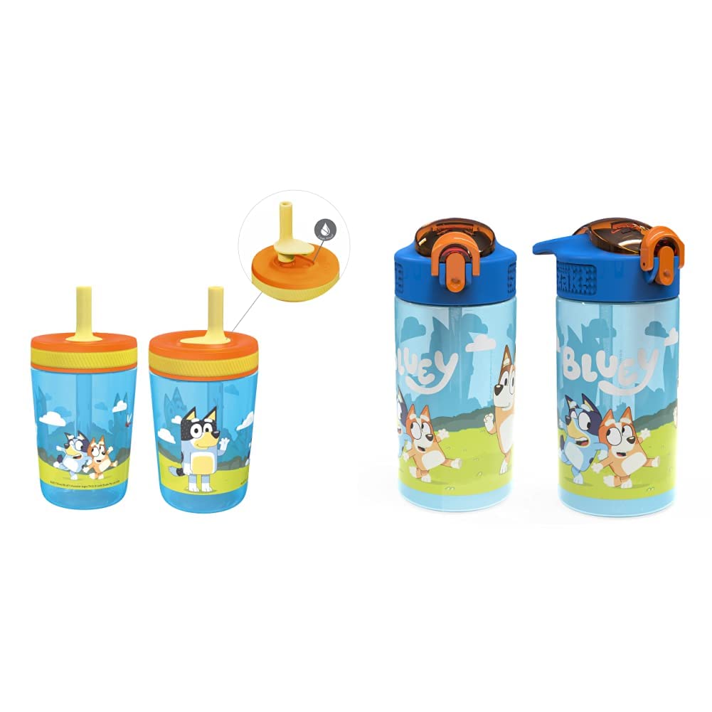 Zak Designs Bluey Kids Tumblers and Water Bottles Bundle (4 Pieces) | BPA-Free and Leakproof | Includes 15oz Tumblers (2 Count) and 16oz Water Bottles (2 Count)