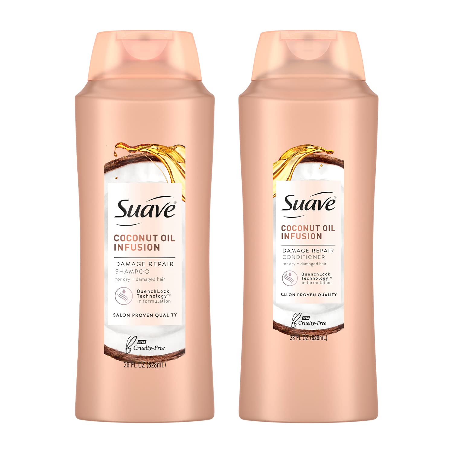 Suave Damage Repair Shampoo and Conditioner, For Dry+Damaged Hair, Salon Proven Quality Coconut Oil Infusion, 28 oz Each