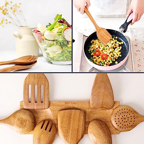 Natural Wood Kitchen Utensil Set - Spoons, Spatulas, Ladles, Strainer Spoon, Salad Fork, Mixing Spoon - with Spoon Rest (A07)