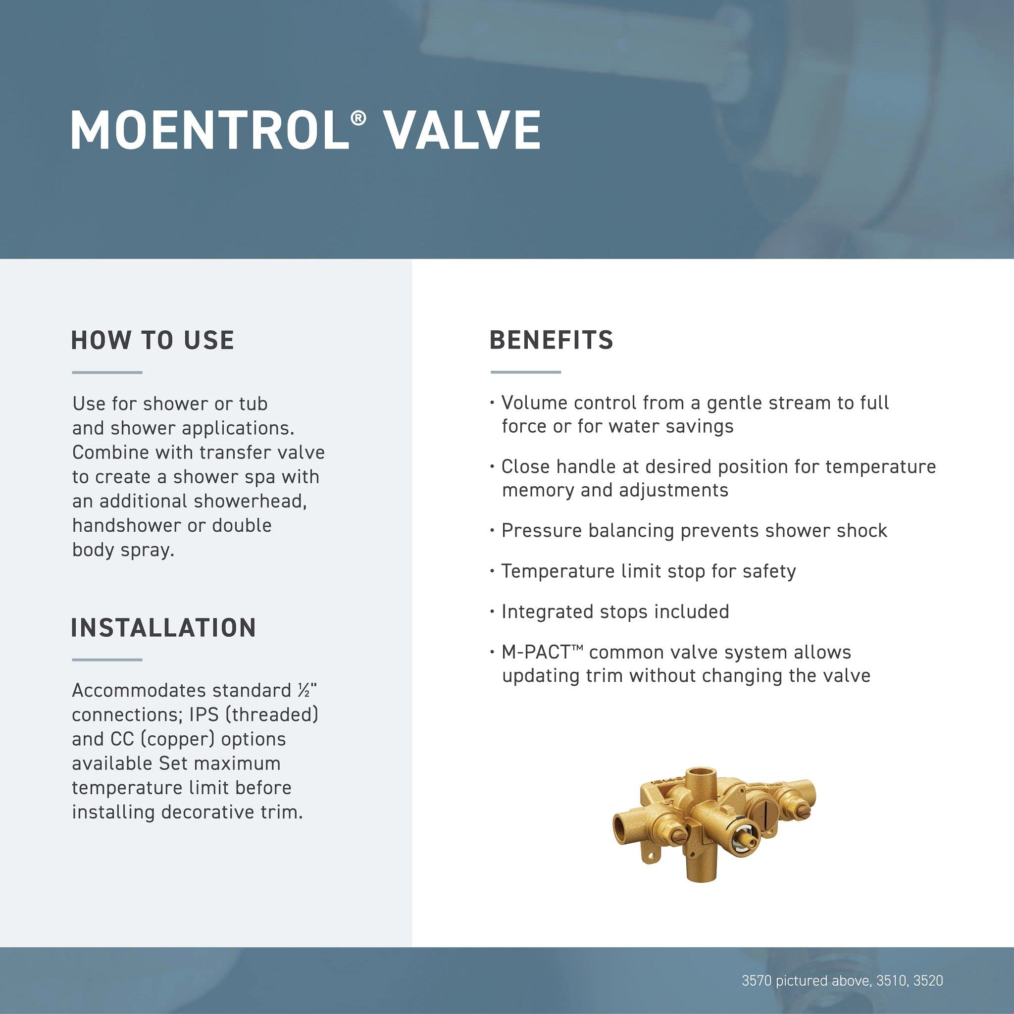 Moen M-PACT Moentrol Pressure Balancing Shower Valve with Volume Control, 1/2-Inch CC, 3520