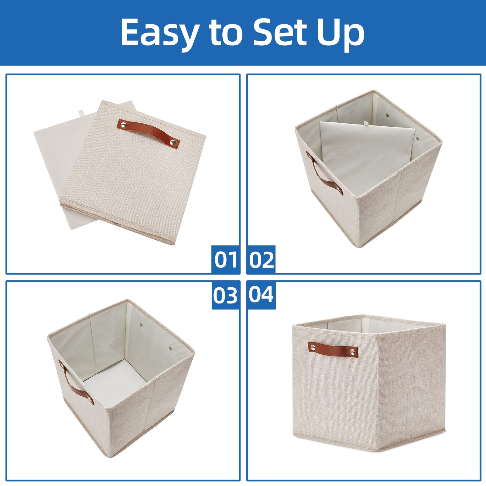 Temary 11x11 Storage Cubes Fabric Storage Cubes Storage Bins with Dual Leather Handles Canvas Storage Boxes for Organizing Home, Office, Nursery, Shelf, Closet (Beige, 11 x 11 x 11)