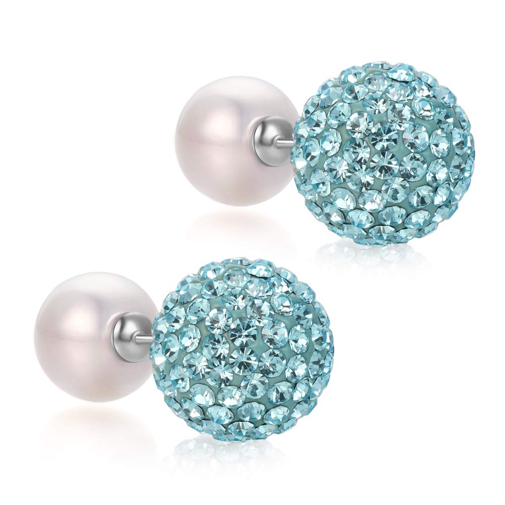Pearl Crystal Double Sided Stud Earrings Front Back Catch Earring for Women 10mm (White )...