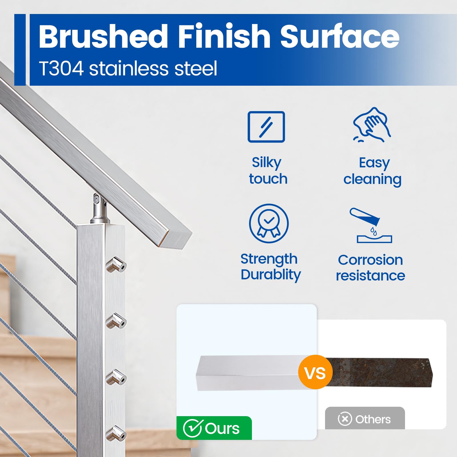 Muzata 6'6" Pre-drilled Stainless Steel Handrail with Extension Connector End Cap for Easy Installation Black Flat Handrail for Cable Railing System, HT14 BP4