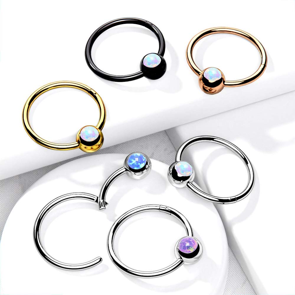 Pierced Owl 18GA Stainless Steel Synthetic Opal Ball Cartilage Helix Daith Septum Hinged Segment Ring (Silver Tone/White, 10mm Diameter)
