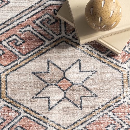 nuLOOM Mae Tribal Motif Machine Washable Ultra Thin Area Rug, 9' x 12', Peach
