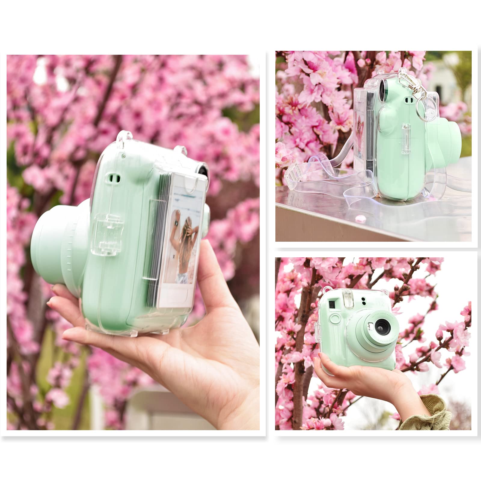 Rieibi Clear Case Compatible with Fuji Instax Mini 12, Polaroid Hard Carrying Case Bag for Fujifilm Instax Mini 12 Instant Camera, PC Cover with Photo Storage Pocket & Shoulder Strap