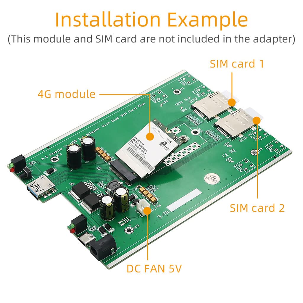 XT-XINTE M.2 Network Adpater NGFF M.2 4G/5G Module to USB 3.0 Adapter with Dual SIM Card Slots Cooler Fan DC 5-12V Type-C Auxiliary Power