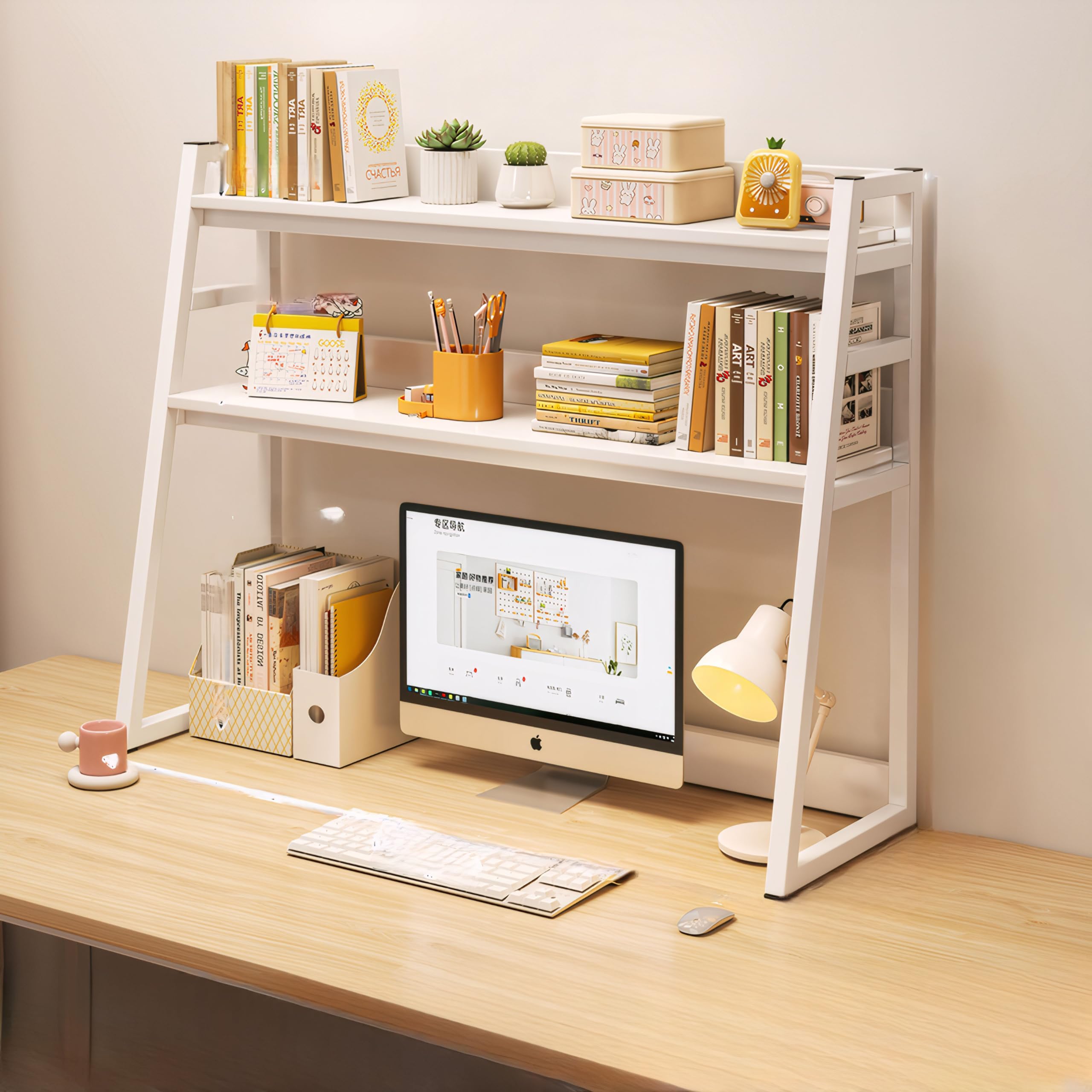 YAFXAIG Desktop Bookshelf Computer Desk,Desk Hutch Dorm, 2-Tier Wood Hutch Bookcase Organizer, for Home Office Dorm Furniture Storage Shelves (White, 45.3in*35.5in*12.6in)