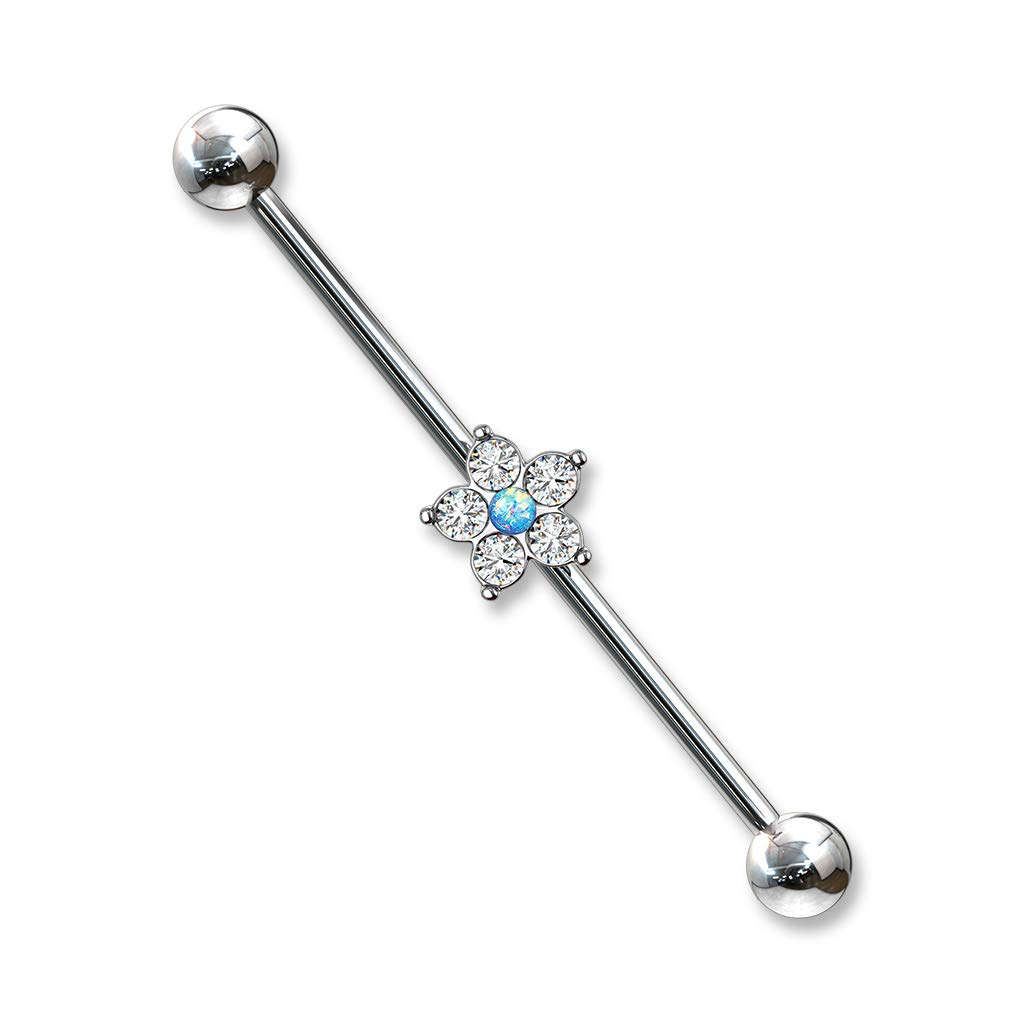 MoBody 5 CZ Flower with Created Opal Center 316L Surgical Steel Industrial Barbell Cartilage Earring 14G (1.6mm) (Blue)