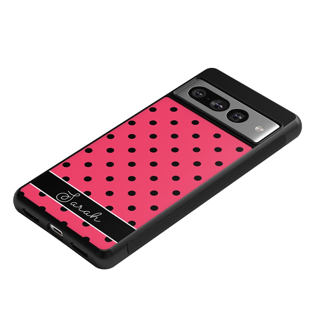 Pinkish Red and Black Polka Dot Personalized Black Rubber Phone Case Compatible With Google Pixel 8 Pro, 8a, 8, 7a, 7, Pixel 7 Pro, 6a, Pixel 6 Pro, 6, 5, 4a 5G, 4a 4G, 4, 4 XL, 3a, 3a XL, 3, 3 XL