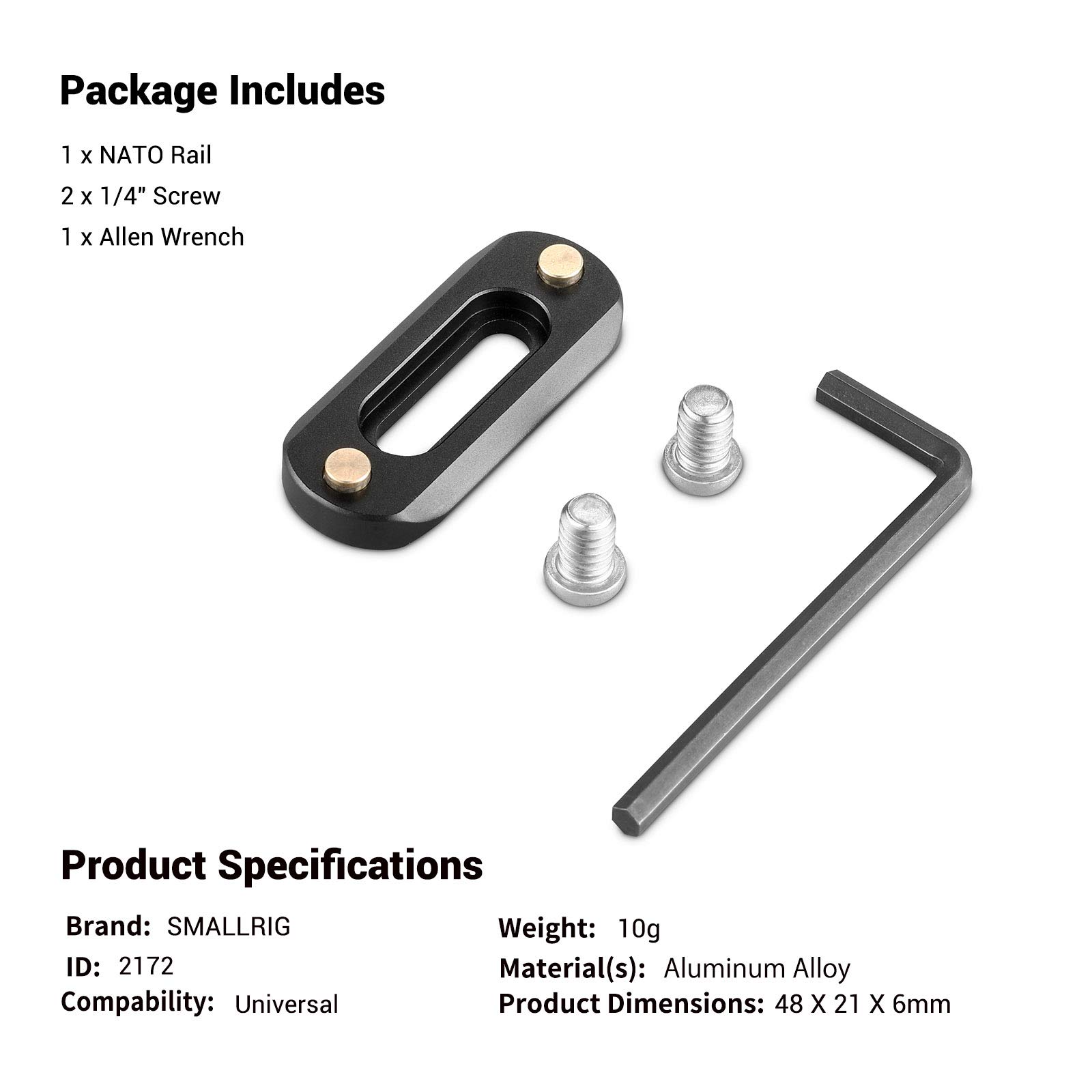 SmallRig Mini NATO Rail, Anti-Off Quick Release NATO Rail, Thickness 6mm, Length 48mm for NATO Handle, Camera Cage - 2172