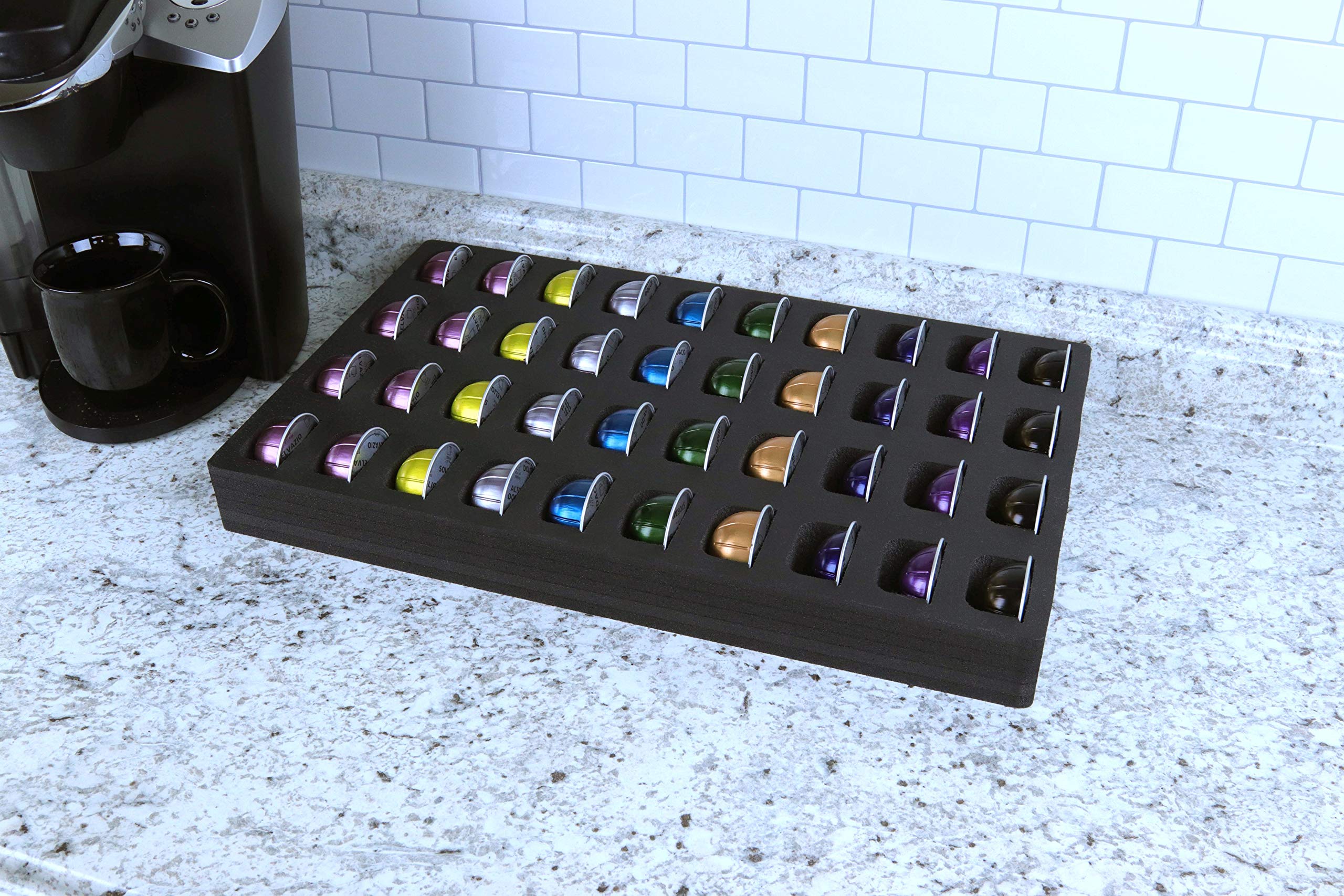 Polar Whale 2 Coffee Espresso Capsule Drawer Organizer Tray Inserts Compatible with Nespresso Vertuo VertuoLine Kitchen Home Office Waterproof Washable Black Foam 40 Compartment 12.75 x 20.25 Inches