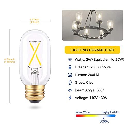 Tubular LED Edison Bulb 5000K Daylight White, 25W Equivalent 200 Lumens, 2W Dimmable T45(T14) LED Filament Light Bulbs, Clear Glass, 6 Pack