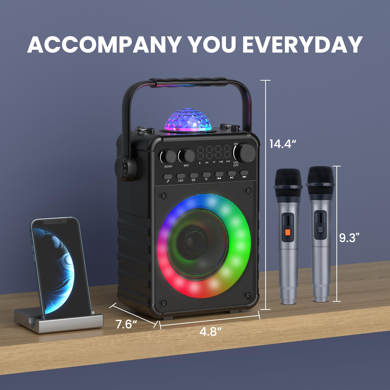 VerkTop Karaoke Machine, Portable Bluetooth Karaoke Speaker with 2 Wireless Mics for Adults Kids Singing Machine with Disco LED Lights Gifts for Girls Boys Home Party