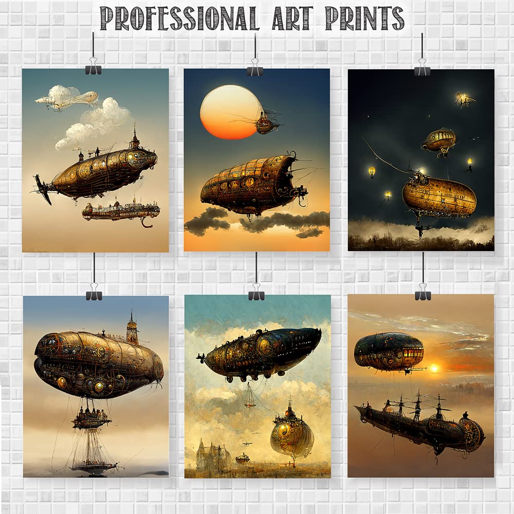 Steampunk Airships Art Prints - Set of Six Gallery Wall Photos (8x10) Unframed Print Poster - Science Fiction Home Decor and Gift For Aviation, Sailing, and Navigation Buffs
