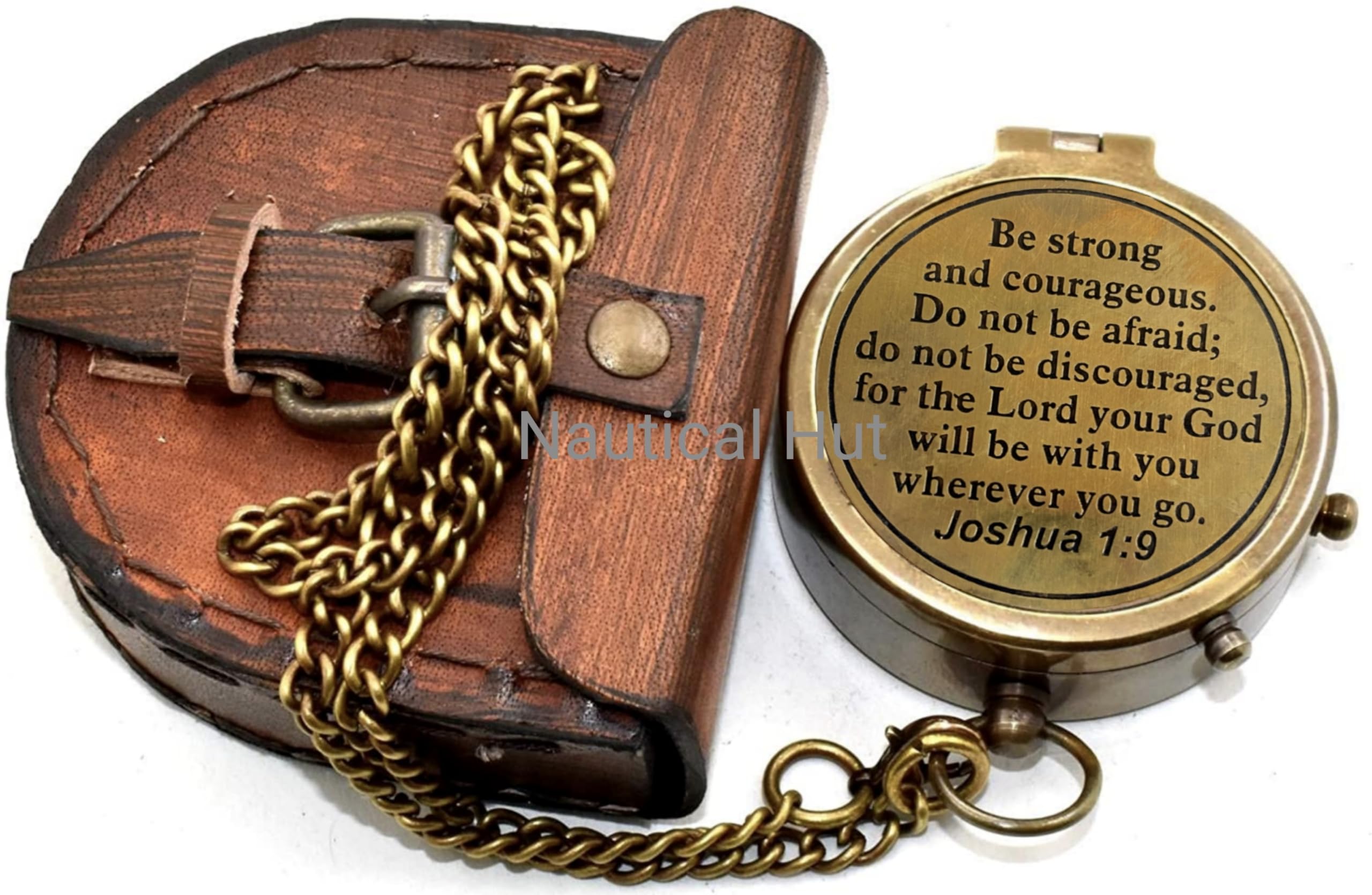 Nautical Hut Compass Your Tommy Your Tubbo Brass Pocket Compass with Leather Carry Case, Compass with Chain, Pirates Compass, Engravable Gift Compass, Camping Compass
