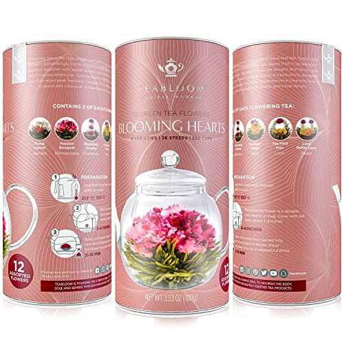 Teabloom Heart-Shaped Flowering Teas β 12 Assorted Blooming Tea Flowers β Green Tea + Jasmine, Pomegranate, Strawberry, Rose, Litchi & Peach